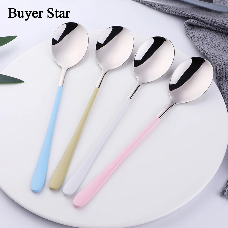 스테인레스 스틸 스푼 21cm 긴 손잡이 스푼 4 개 실버 수프 스푼 아이스크림 디너 스푼 쌀샐러드 식기 8 색숟가락