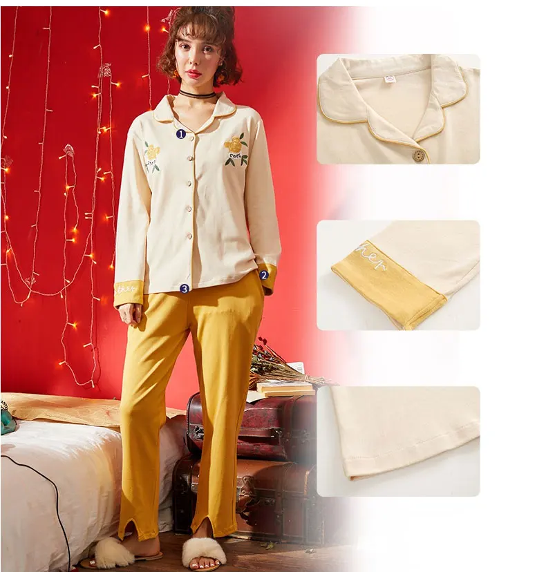 High Quality Fashion Women Home Wear Pajamas 100 Cotton Two Pieces Fall ...