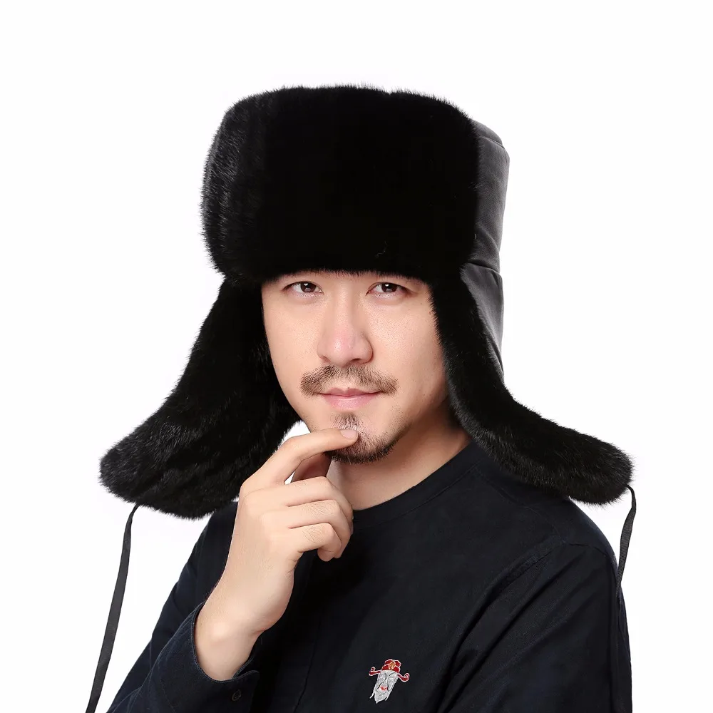 Valpeak Winter Bomber Hat Male Real Mink Fur Hat Russian Hat Ushanka ...