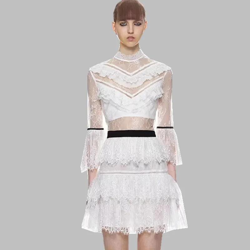 Runway Self Portrait White Lace Women Party Dress 2018 Autumn Lace