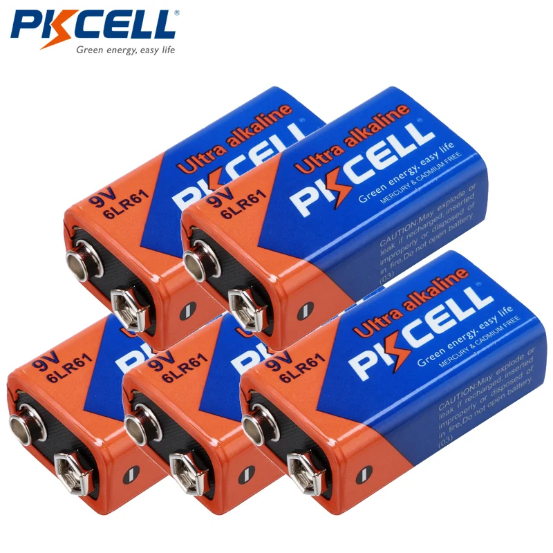5Pcs PKCELL 9V Primary Dry Battery 6LR61 E22 MN1604 522 Super Alkaline ...