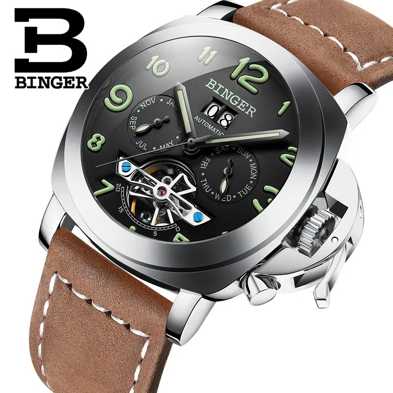 BINGER Men Automatic Mechanical Watch Tourbillon Luxury Fashion Brand ...