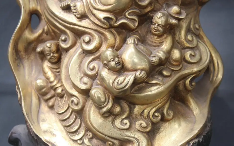 18" Chinese Bronze Gold Fu Wealth Happy Laugh Maitreya Buddha & 5 Kids ...