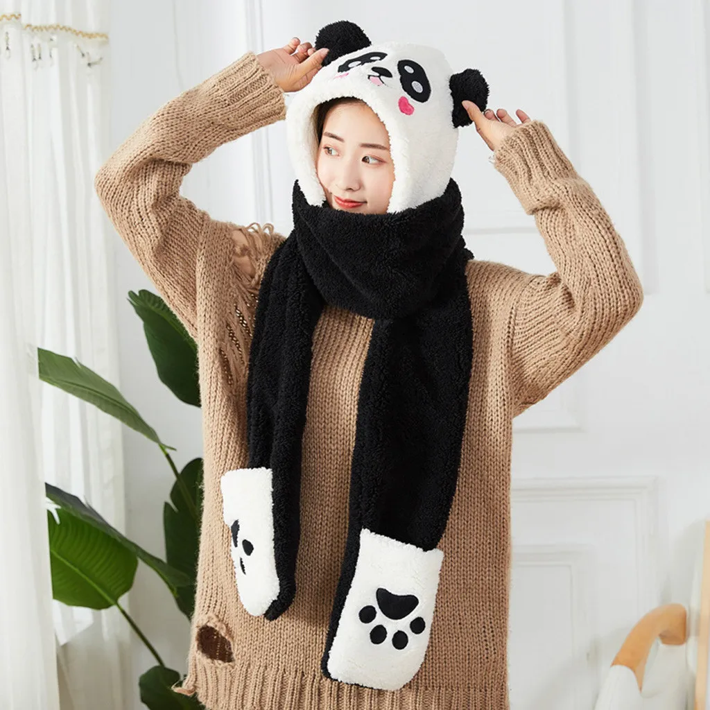 High Quality Ladies Panda Cartoon Warm Fluffy Hood Scarf Hat Snood ...