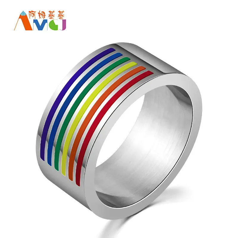 AMGJek 10mm Big Wide Ring 6 Colors Strips Rainbow Rings Lesbian Jewelry Titanium Steel Women ...