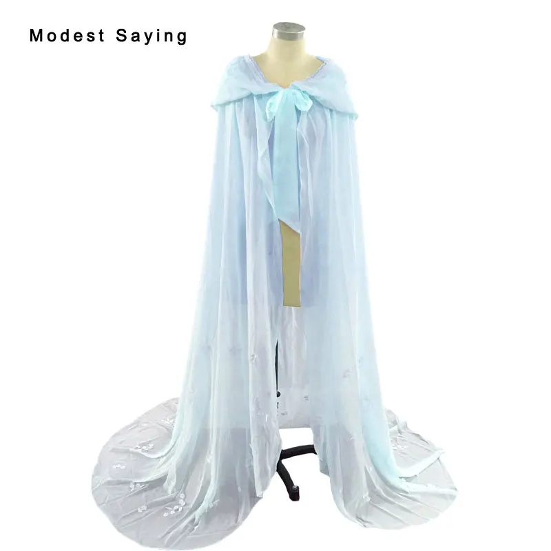 Vintage Light Blue Long Flowers Hooded Wedding Capes 2017 Chiffon Lace ...