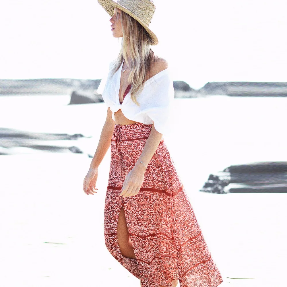 Bohemian Womens Sexy Print Skirt Beach Split Skirt Beach Wear Vacation ...