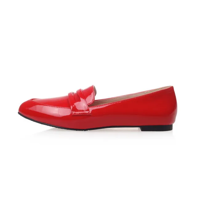 Female red flat shoes pointy toe patent leather ladies loafers women ...