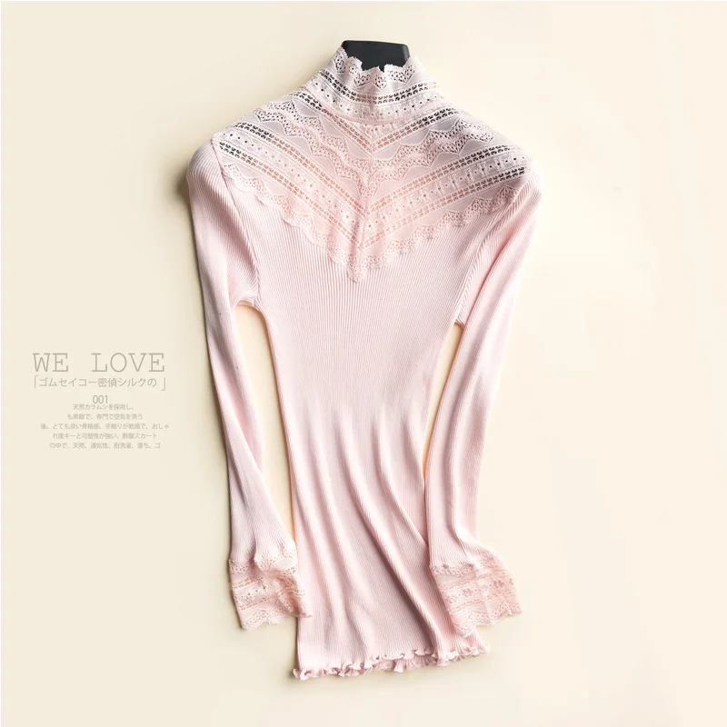 Guiyi Women's Sweat Sexy Semi High Collar Lace T shirt Female Knitted ...