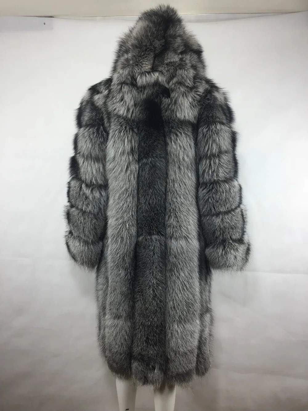 MLHXFUR 100 cm Longo Prata Raposa Casaco De Pele Capa Com Capuz Moletom Com Capuz Casacos para ...