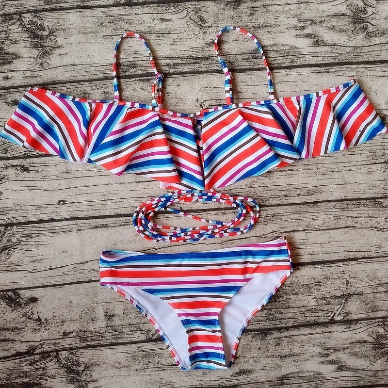 Kophia Ruffle Rainbow Floral Bikini Set Flouncing Bathing Suits 2018