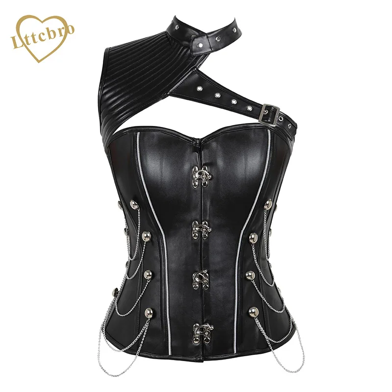 Black Faux Leather Spiral Steel Boned Halter Steampunk Gothic Bustier
