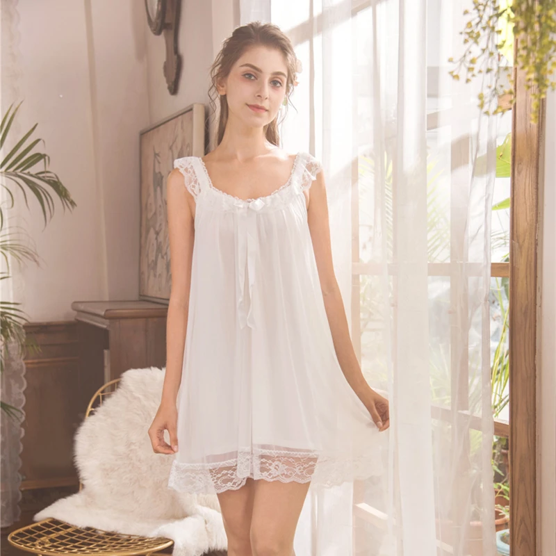 Hot Sale Sleepwear Female V neck Homewear Sexy Pink Lace Nightdress Summer Nightgown Sexy ...