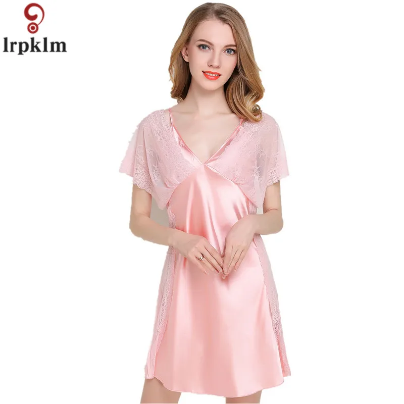 Womens Imitation Silk Nightdress Summer Fashion V Neck Short Sleeve