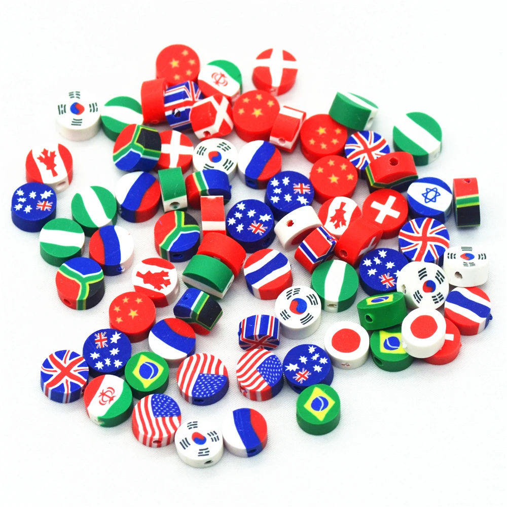 50PCS Mixed 4mmX9mm Round Baked Polymer Clay National Flag Pattern ...