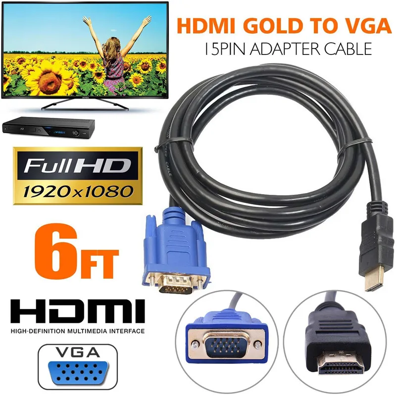 300pcs 1080p 1.8 M Hdmi To Vga Cable Hdmi Male To Vga 15 Pin Male 1.8 ...