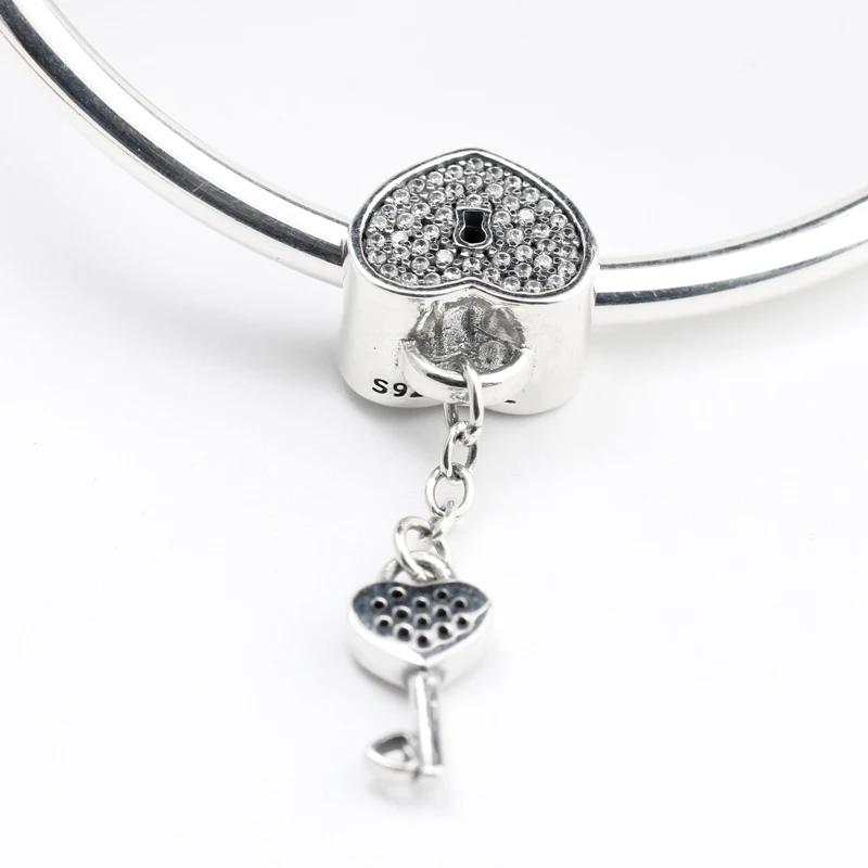 925 Sterling Silver Lock Charms Key To My Heart With Crystal Pendant ...