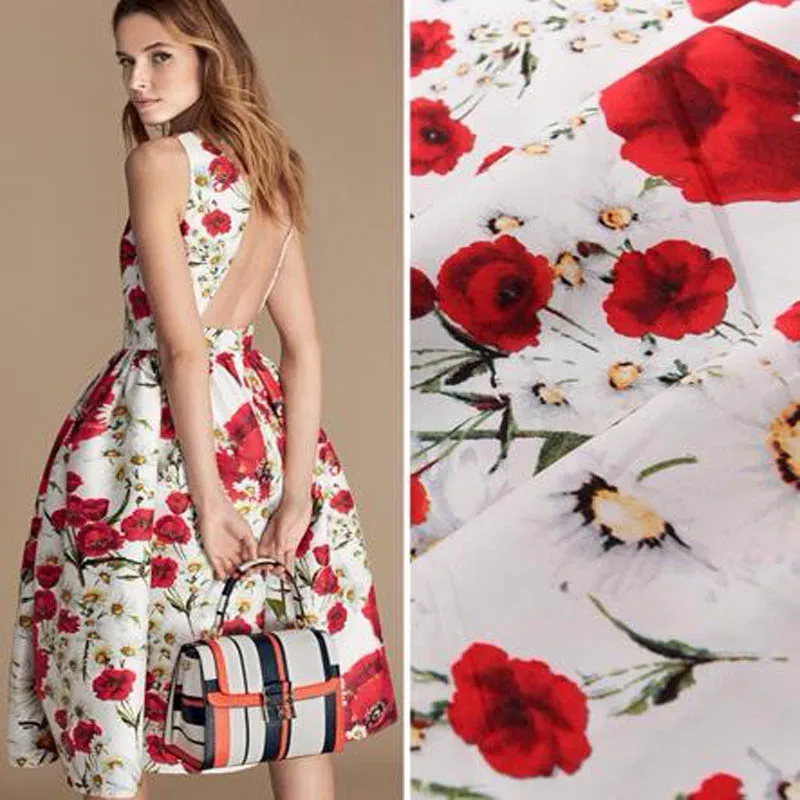 Gorgeous-Brand-White-Blooming-Red-Rose-Flower-Printed-100-Cotton-Fabric ...