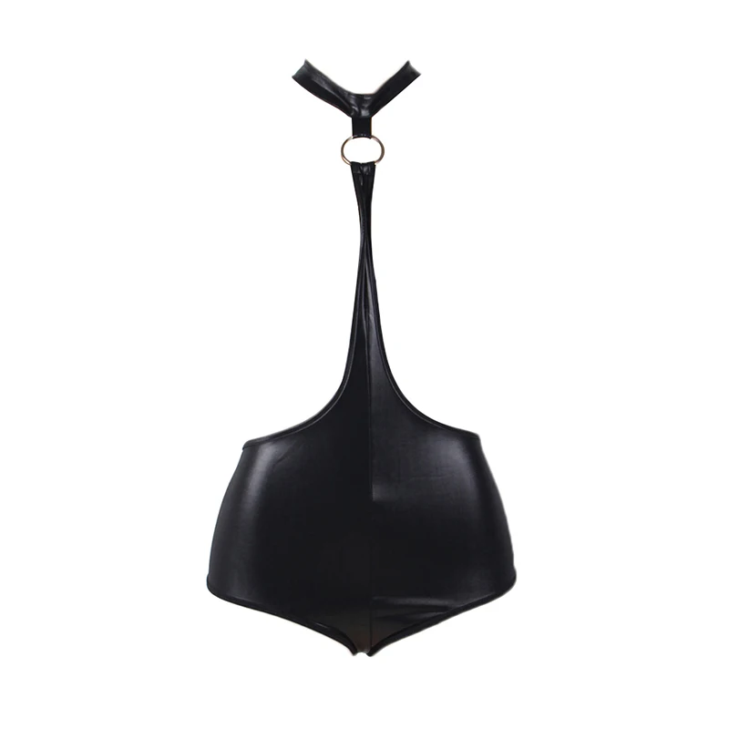 Sexy Sheer Cupless and Crotchless PU Leather Skinny Leotard Open Breast ...