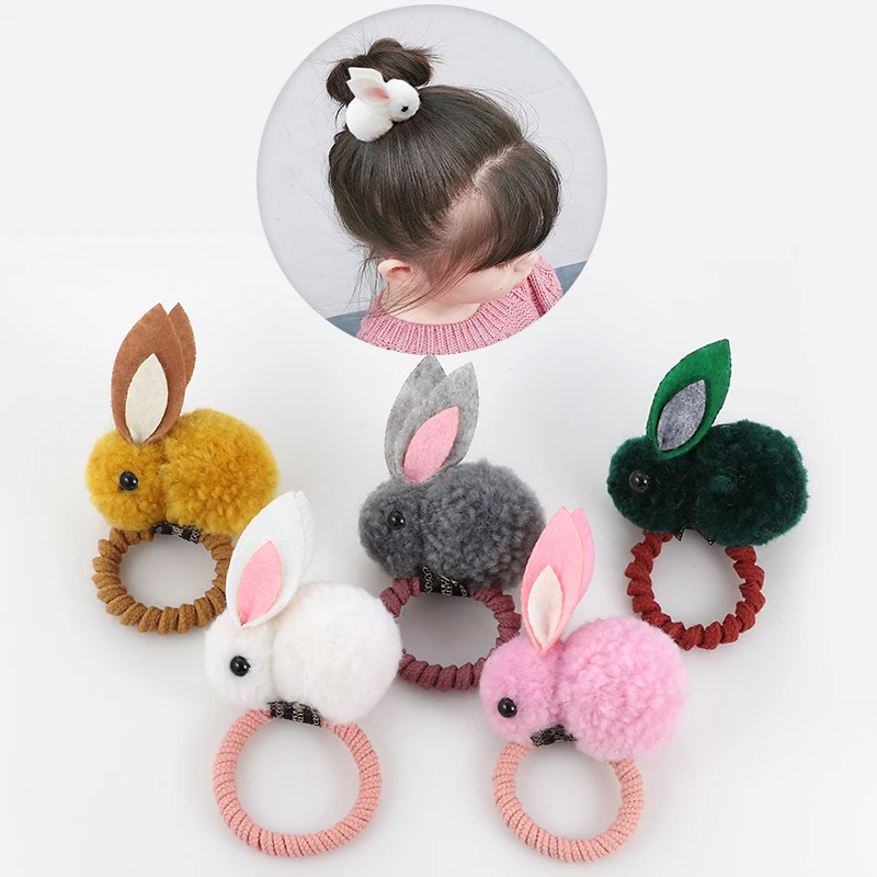 Cute Animal Hair Ball Rabbit Hair Ring Girls Rubber Band Elastic Hair ...