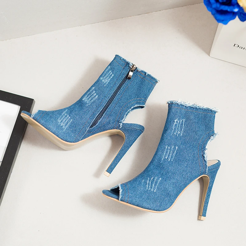 2018 Casual Summer Denim Pumps Women Party High Heels Blue Open Toe ...