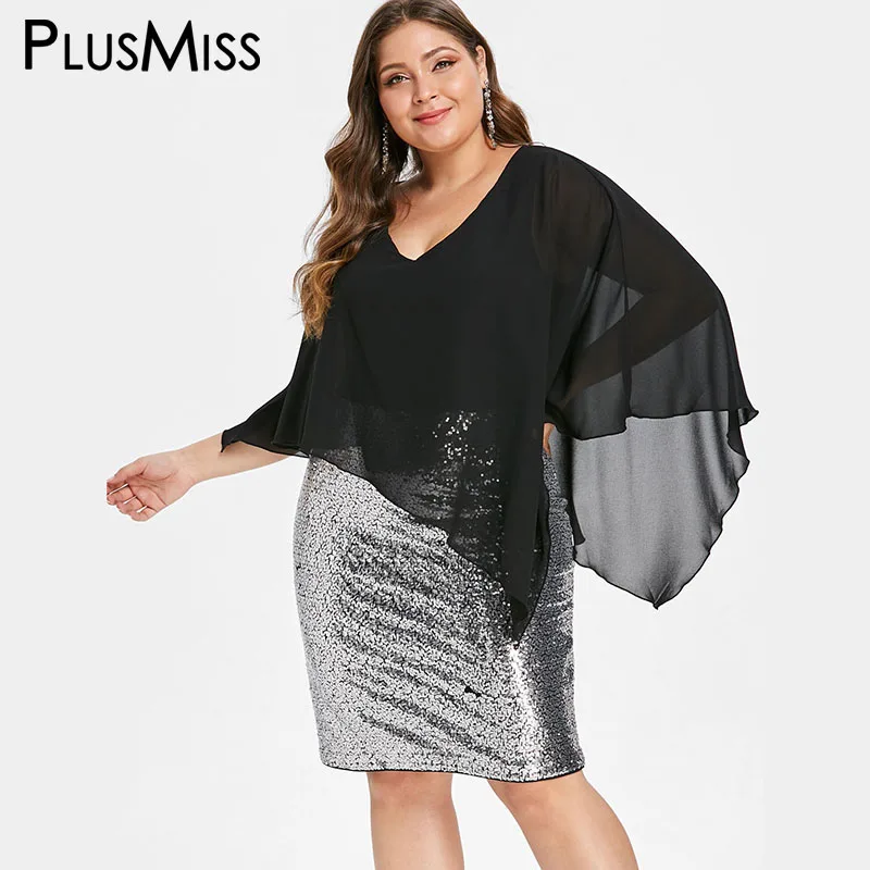 Plusmiss Plus Size Chiffon Mesh Overlay Sequin Elegant Evening Party