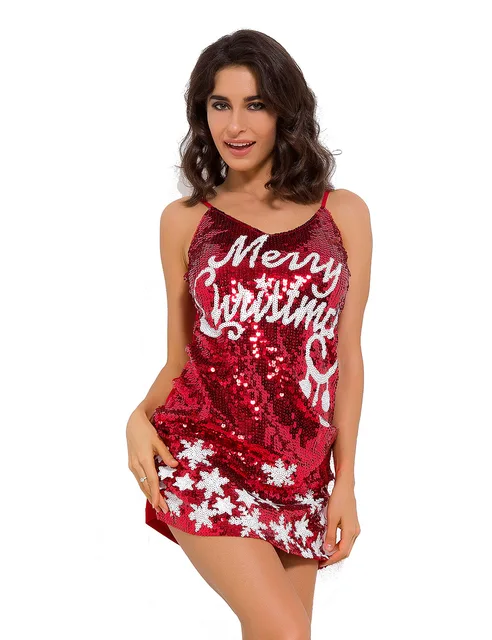 Red Letter Merry Christmas Sequin Dress T Idea Sexy Party Club Mini Dress V Neck Backless