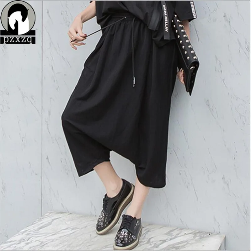 2018 New Spring Summer Elastic Waist Black Loose Cool Calf length Pants ...
