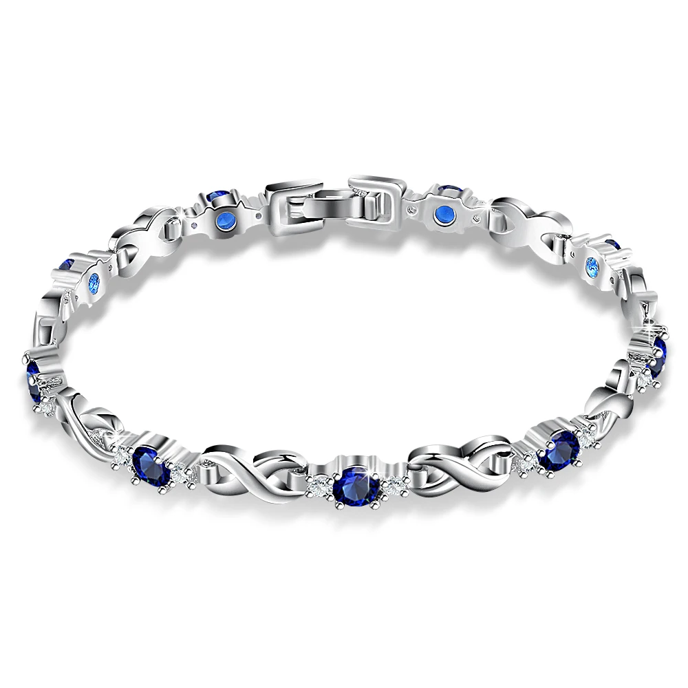 Stylish Blue Cubic Zirconia Silver Color Link Chain Bracelet 8 Shape ...