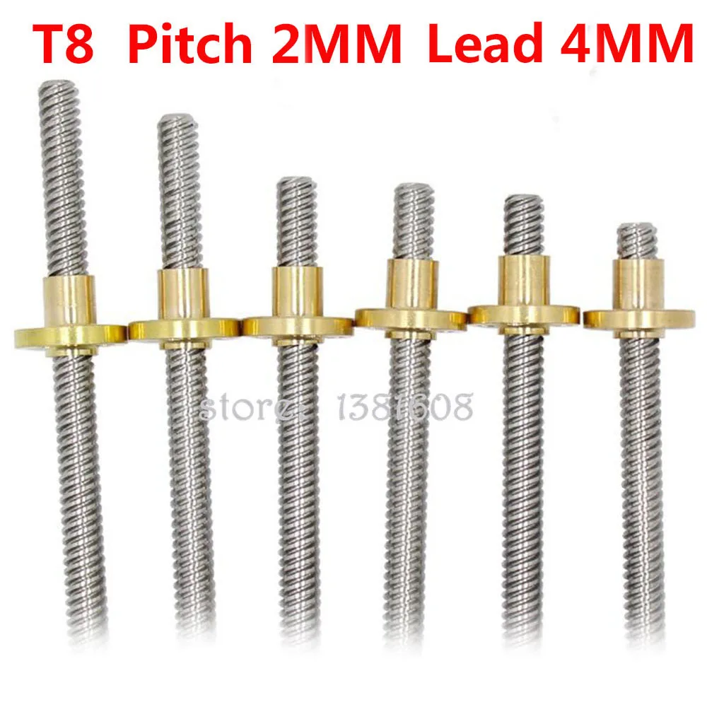 1PC Stainless Steel T8 Lead Screw Pitch 2MM Lead 4MM Length 100/200/300/400/500/600mm with Brass ...