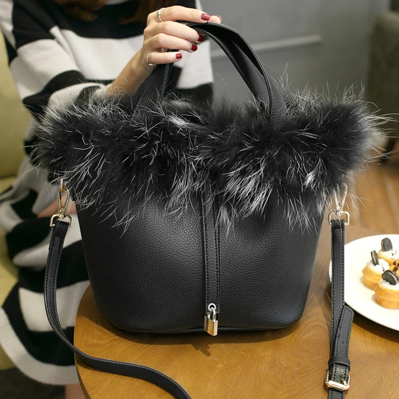 bucket bag real fur bag charm brand lock top handle bags female fashion ...