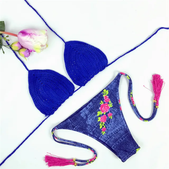 Knitted Blue Swimsuit Sexy Swimwear Women Summer Dress Handmade Crochet
