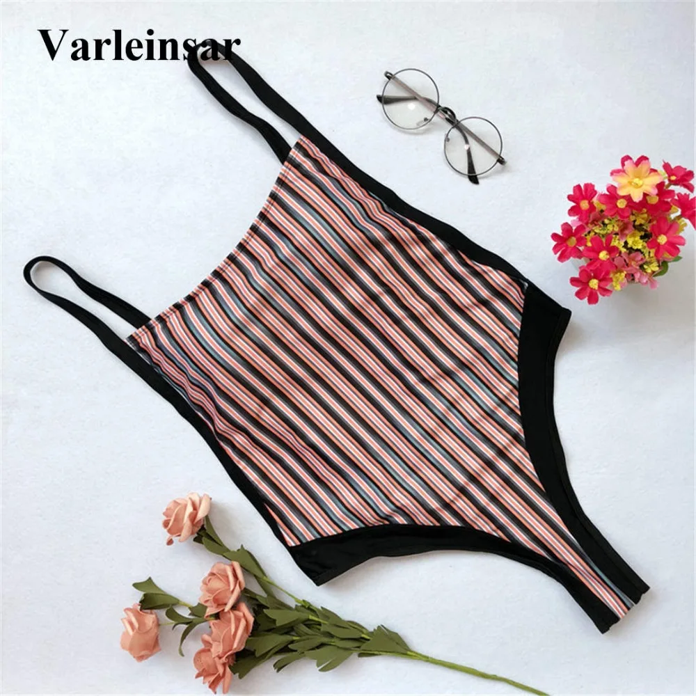 Striped High Cut Leg Thong One Piece Swimsuit Women Swimwear Female