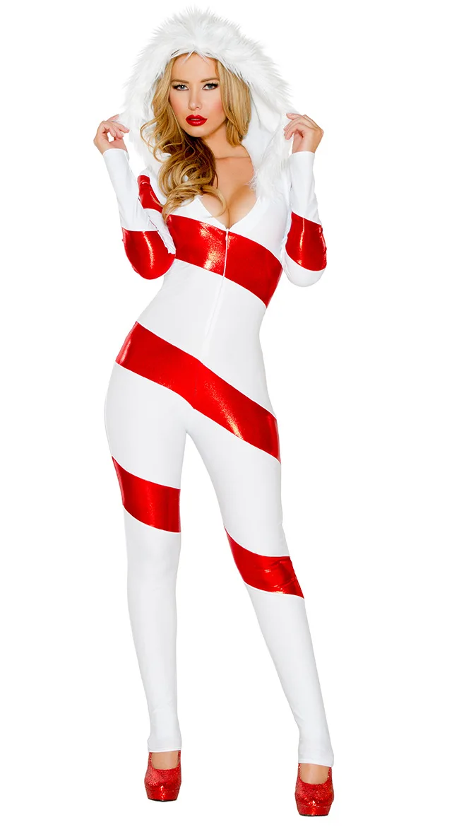 Women Deluxe Sexy Santa Candy Hooded Jumpsuit Costume Miss Santa Claus