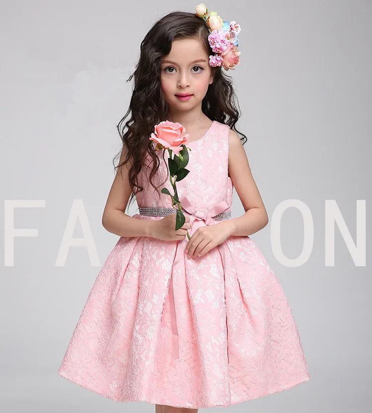 2016 New Girl Wedding Dress Pink Girls Summer Fashion Diamonds Bow Lace ...