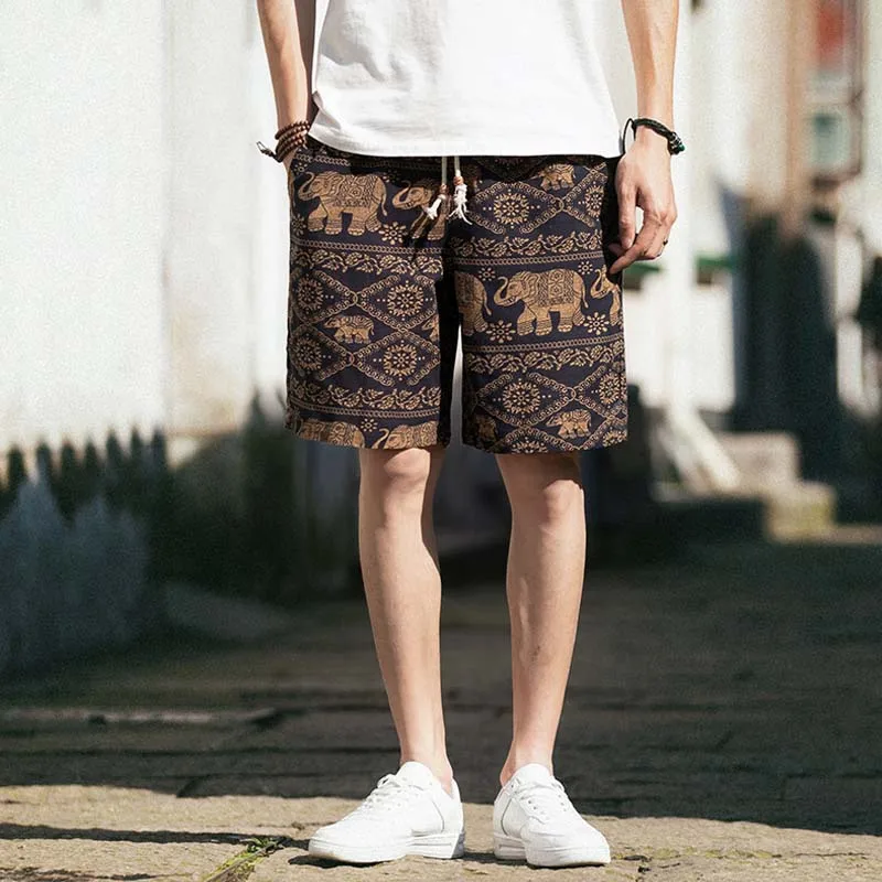 Short en lin japonais pour homme - Streetwear imprimé avec cordon de ...