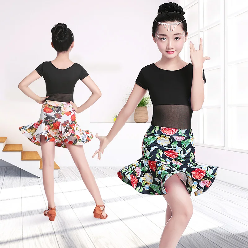 Girls Salsa Tango Latin Skirt Mesh Waist Short Sleeve Ballroom Dance ...