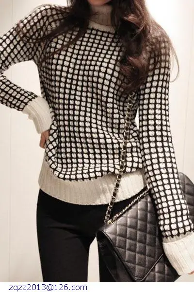 winter autumn roupas femininas Contrast Monochrome Plaid High Neck ...