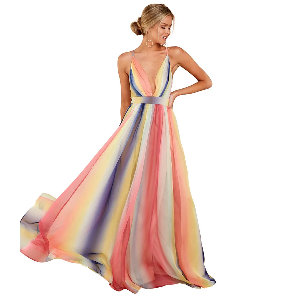 Boho Rainbow Striped Summer Women Maxi Dresses Chiffon Beach Dress