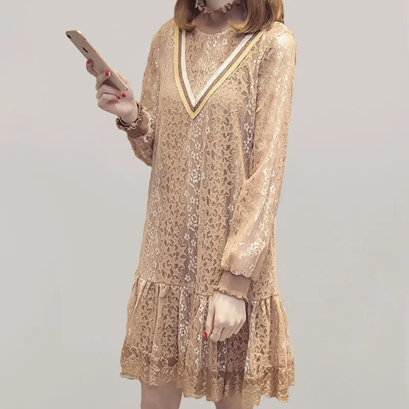 Large size women's slim long sleeved round neck dress bottom lace ...