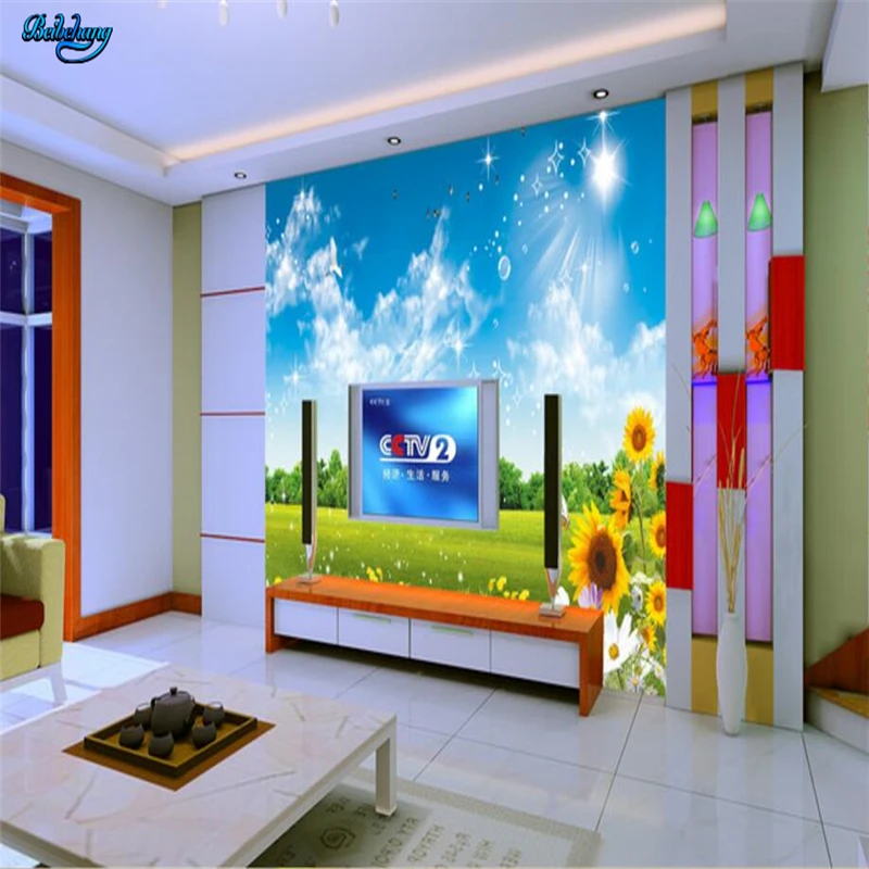 beibehang Large Custom Wallpaper Blue Sky White Cloud Sunrise Sunflower ...