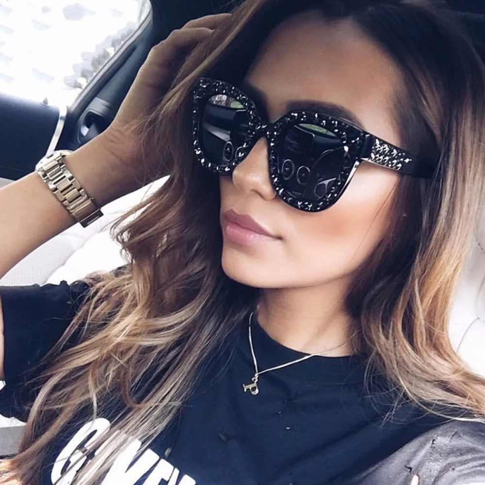 Outeye Sunglasses Women Mirror Crystal Square Sunglasses Retro Full