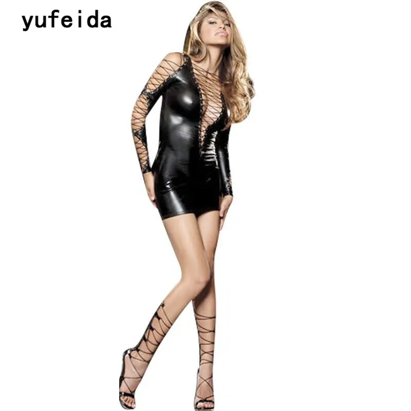 Yufeida Sexy Faux Leather Bodycon Catsuit Dress Women Erotic Bundle