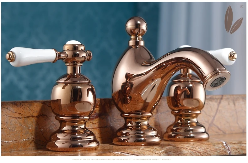 European Brass Rose Gold Colour Three Holes Basin Faucet Luxury