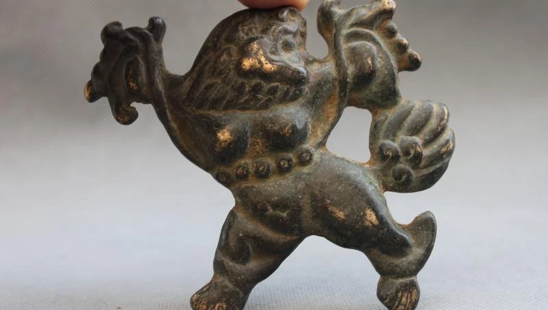 85MM China Old Bronze Guardian Evil Foo Dog Lion Kirin kylin statue ...