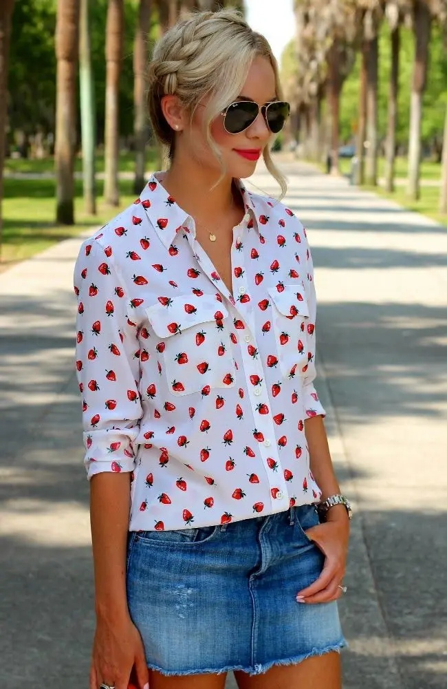 EQ 100% silk strawberry print ladies long sleeve blouses women berries ...