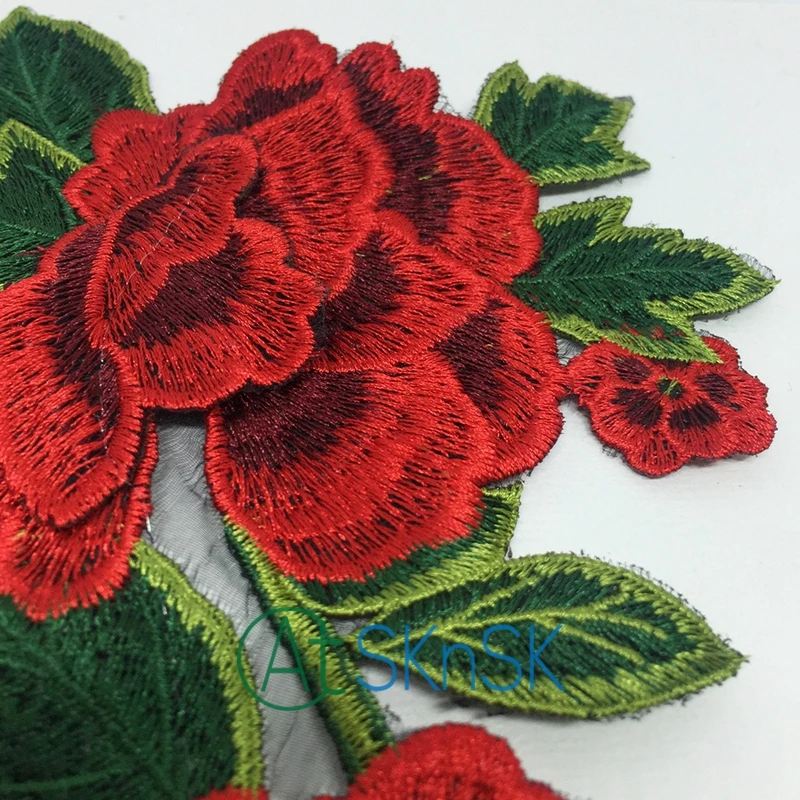 34CM*13CM Flower Red Rose Blossom Applique Embroidery Patch Fabric ...