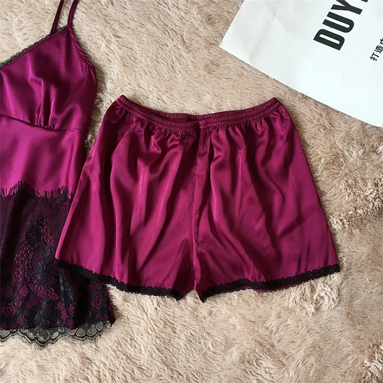 Tinyear Ladies Sexy Silk Satin Pajama Set Lace Pyjama Set Sleeveless ...