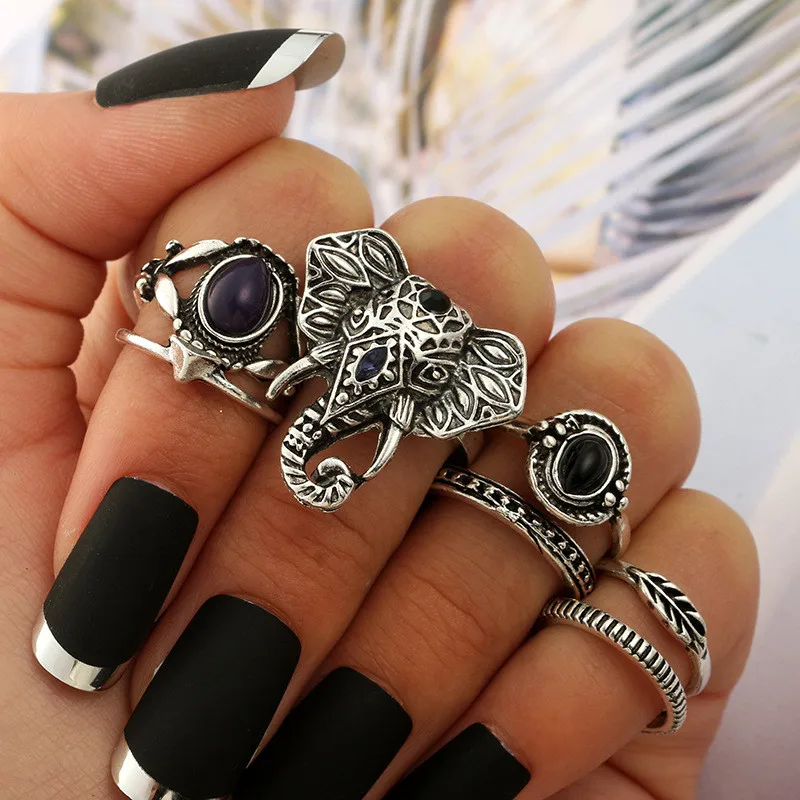 7pcs-set-Vintage-Stylish-Punk-Black-Blue-Opal-Elephant-Ring-Set-for ...