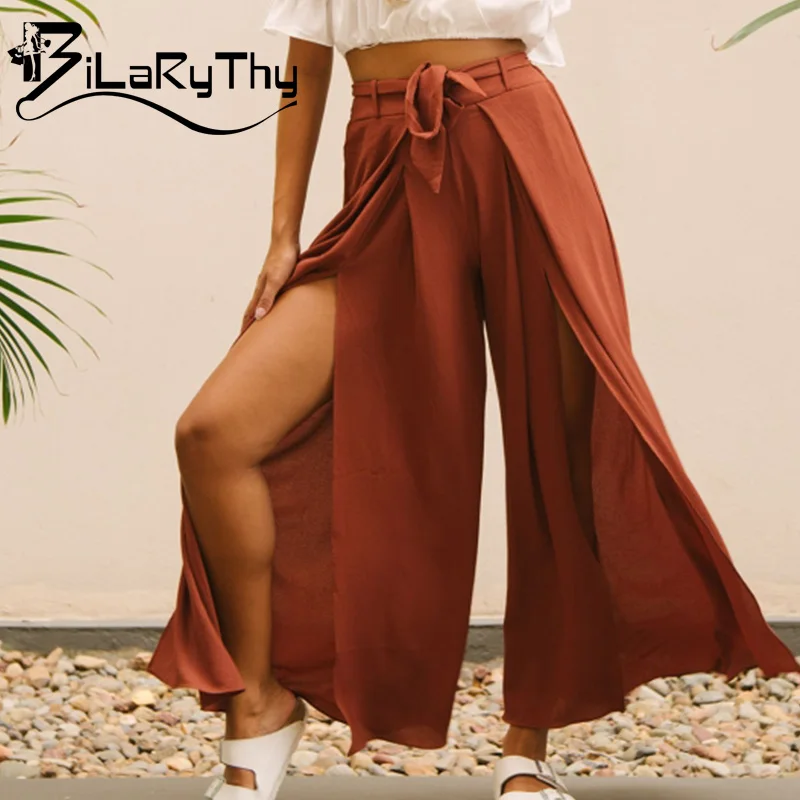 BiLaRyThy Fashion Side Split Wide Leg Pants Women Solid Color Elastic ...